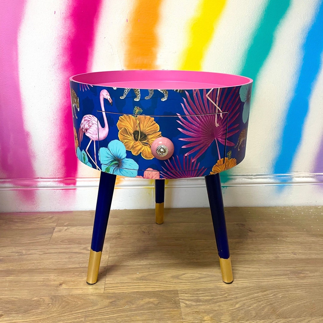Pink Bedside Table With Drawer, Navy and Pink Nightstand With Tropical ...