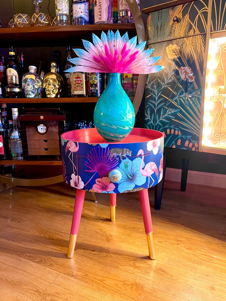 Round Coral Side Table With Drawer. Ideal Small Coffee Table - Etsy