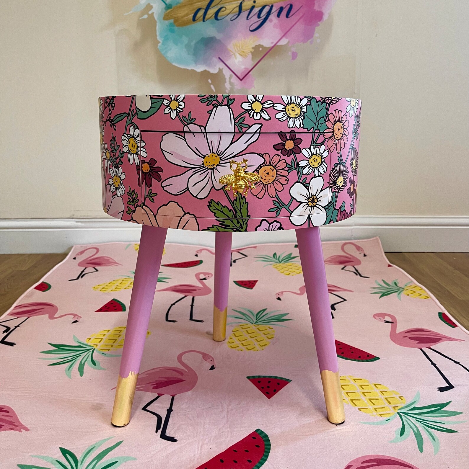 Pink Round Side Table With Floral Design. Inbuilt Drawer and Three Legs ...