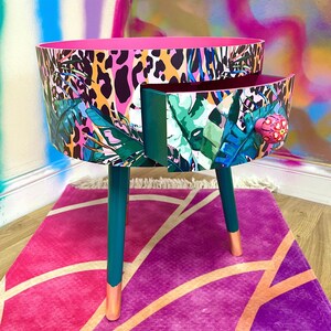Tropical Wooden Side Table in Hot Pink, and Orange Leopard Print ...