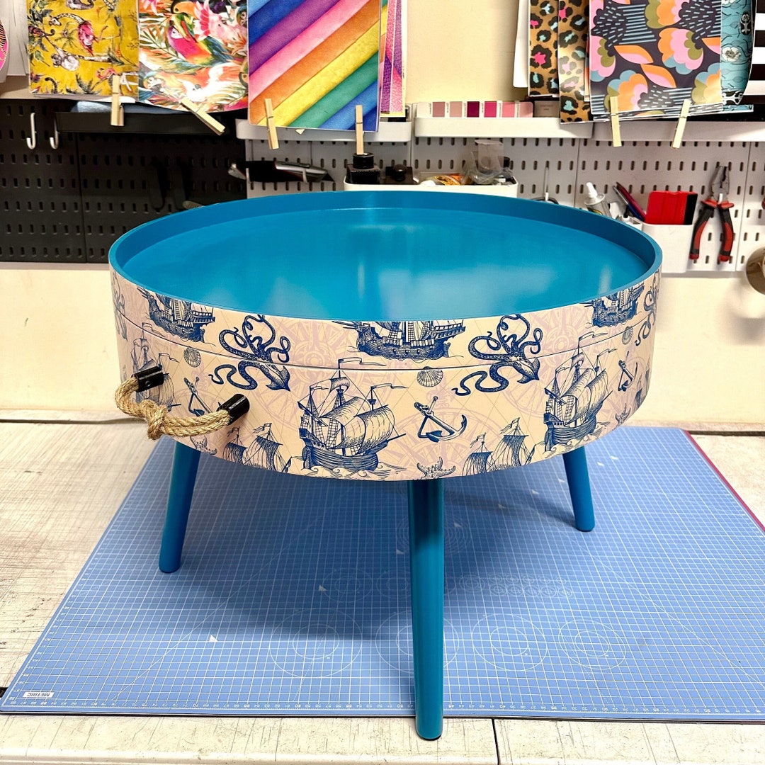 Round Coffee Table , Nautical Sea Design, Blue, Teal and Cream. Boat ...
