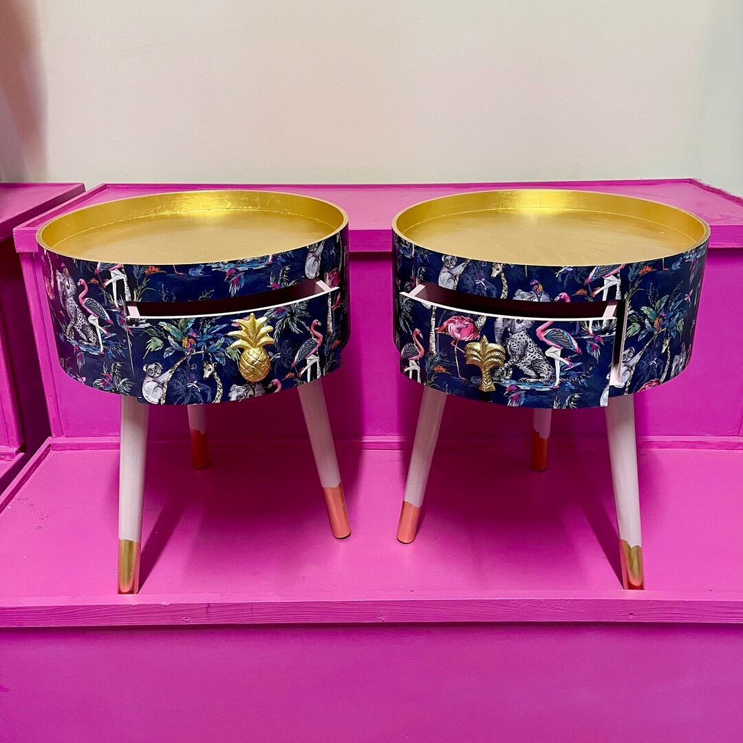 Pair of Round Bedside Table Dusky Pink & Blue, Gold Metallic Leaf ...