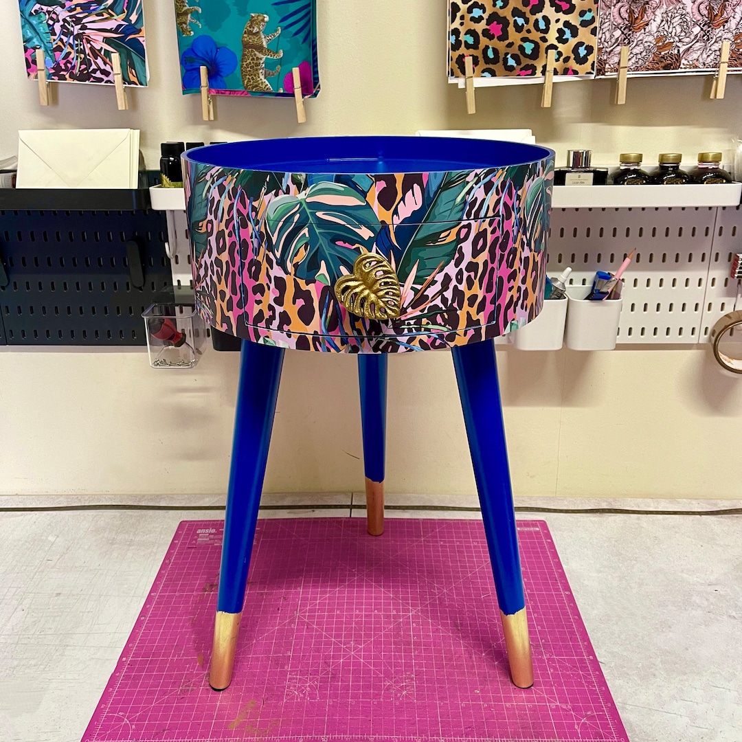 Cobalt Blue, Pink and Orange Side Table. Leopard Print Design With Leaf ...