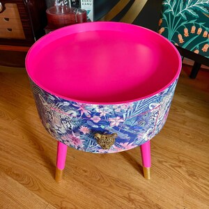 Round Hot Pink Bedside Table, Green and Navy Leopard and Floral Design ...