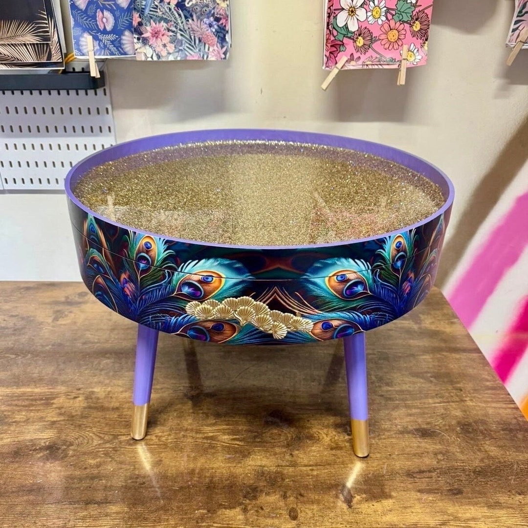 Round Coffee Table , Peacock, Blue, Teal and Turquoise Feathers. Lilac ...