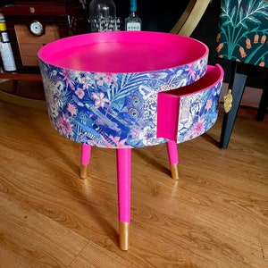 Round Hot Pink Bedside Table, Green and Navy Leopard and Floral Design ...
