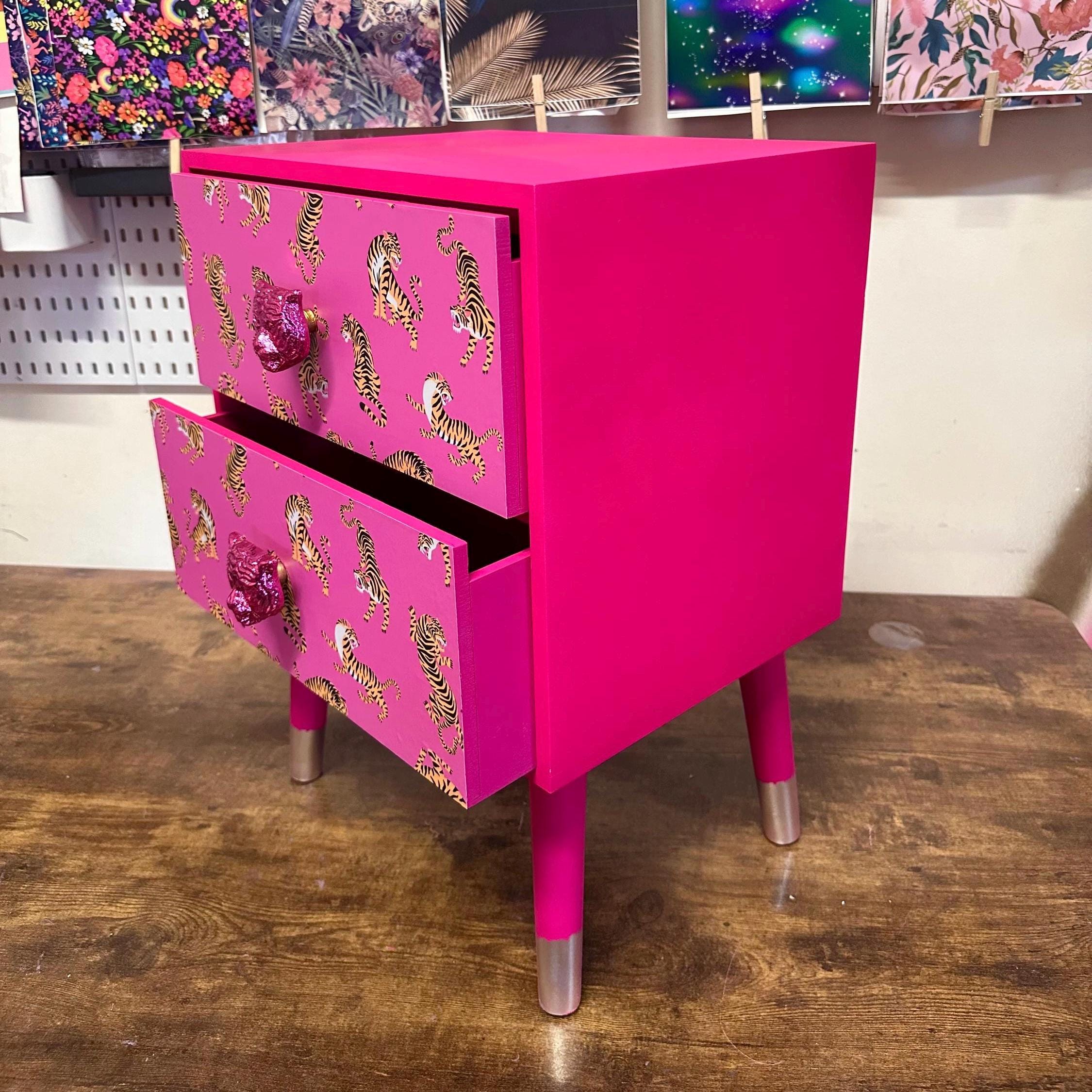 Hot Pink Tiger Square Bedside Table, Two Drawers, Ideal Nightstand. Hot ...