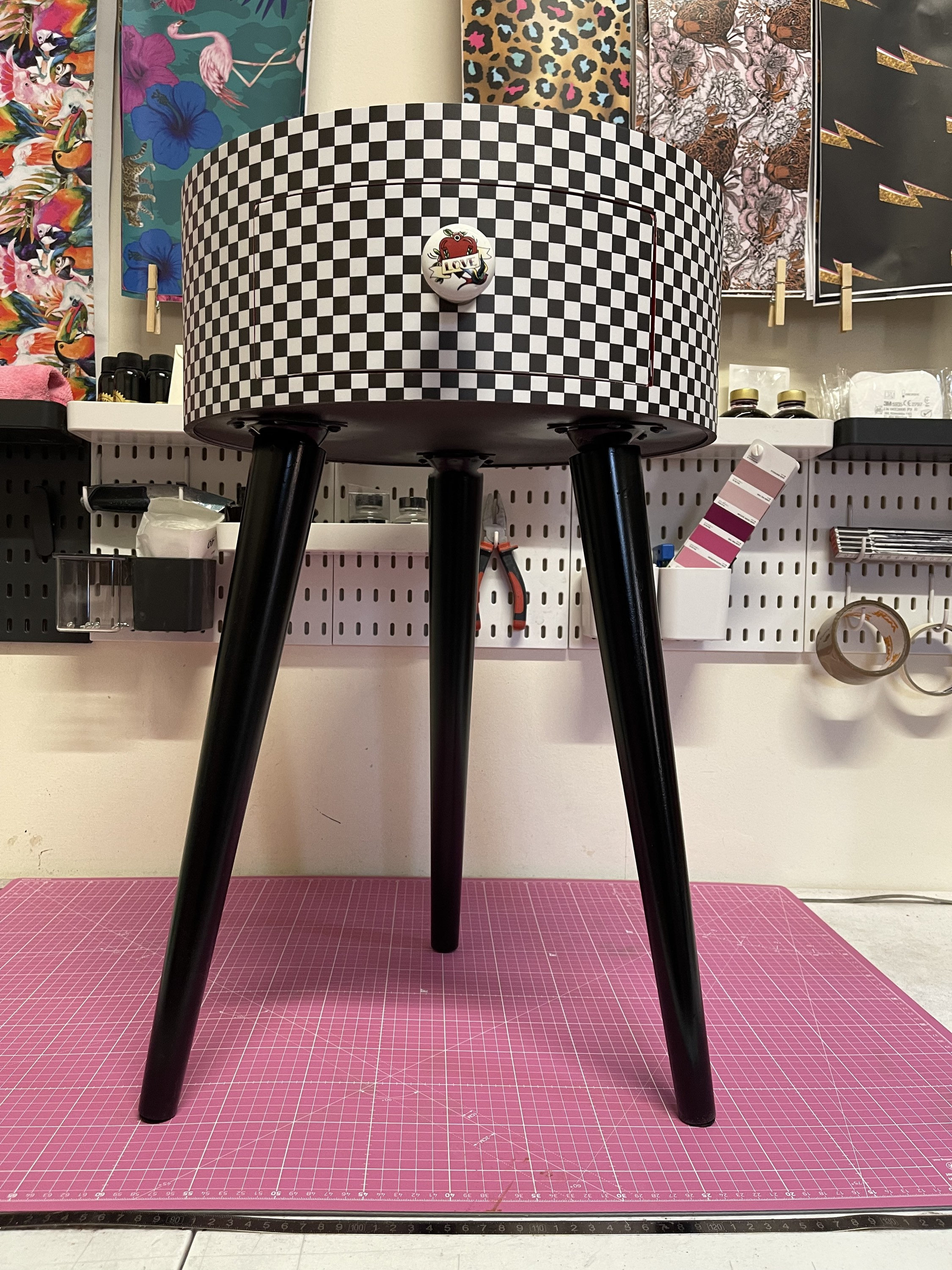 Chequerboard Side Table Round Wooden Table With Drawer in Red - Etsy