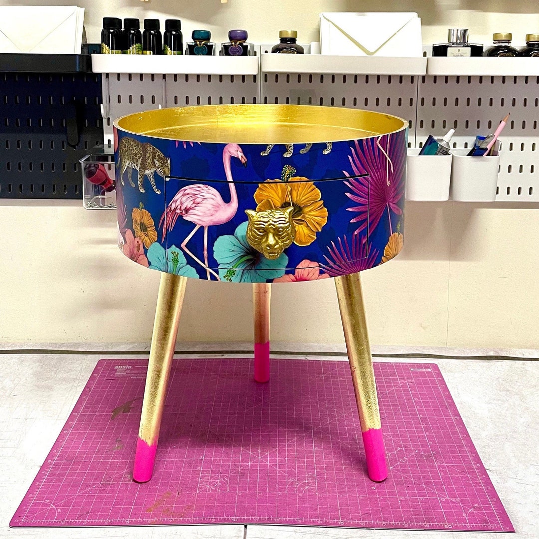 Gold and Navy Leopard and Flamingo Round Bedside Table . Fun Bright ...