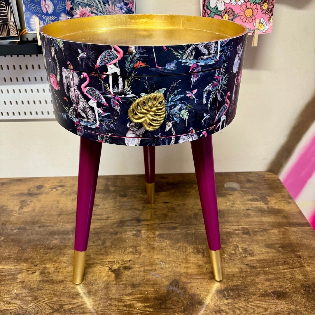 Tropical Side Table, Navy Flamingo and Cheetah Design, Opulent ...