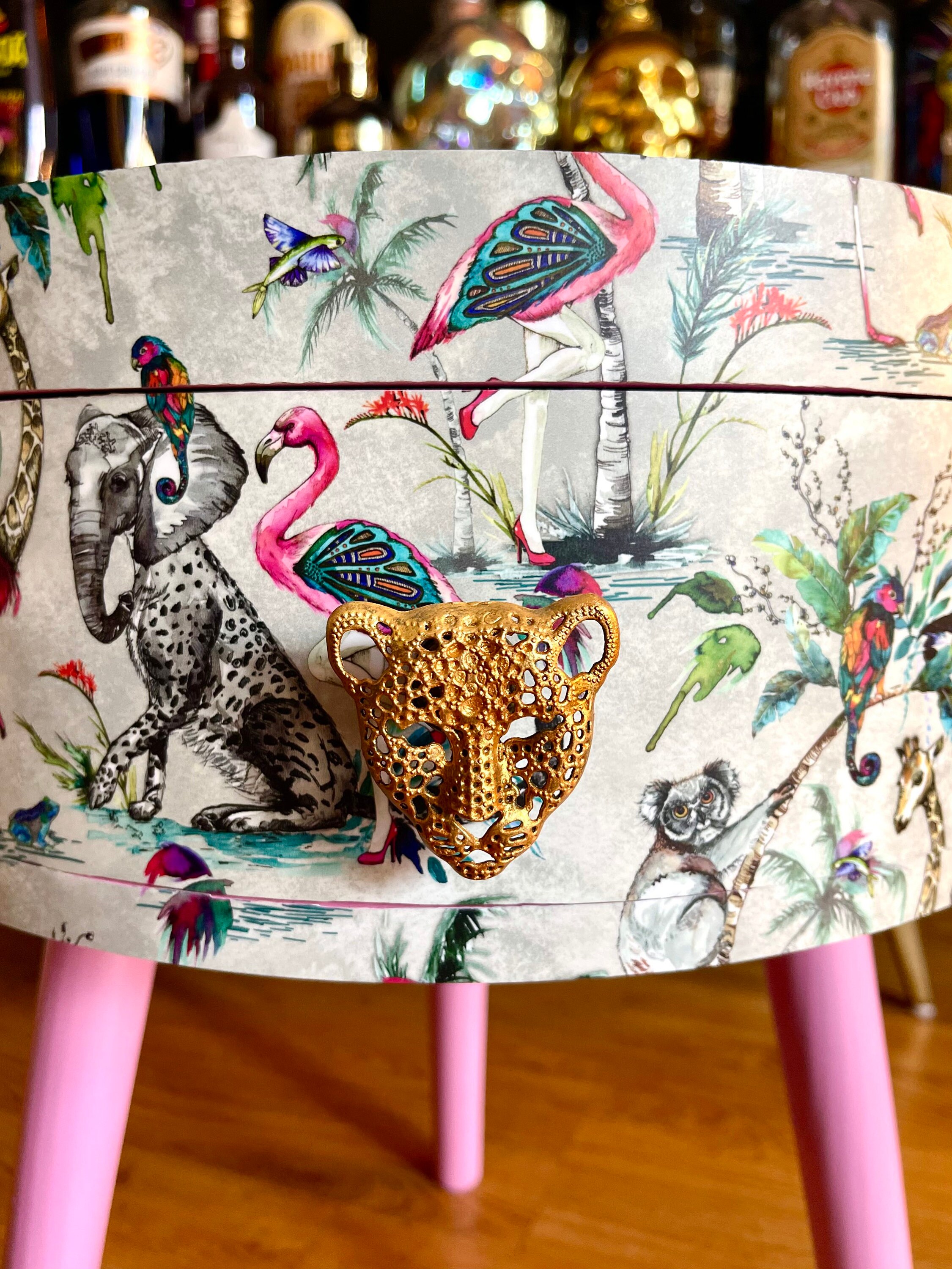 Round Leopard Print Small Coffee Table With Drawer in Grey - Etsy