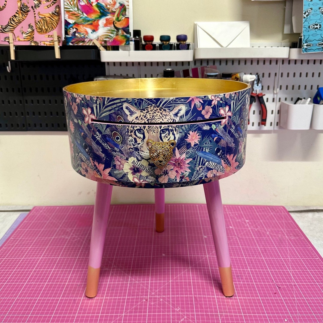 Gold and Pink Leopard and Tropical Round Bedside Table . Fun Bright ...