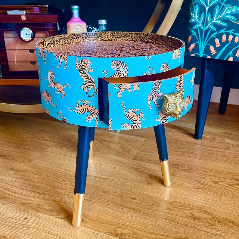 Tiger Bedside Table, Round Wooden Table With Drawer in Blue and Orange ...