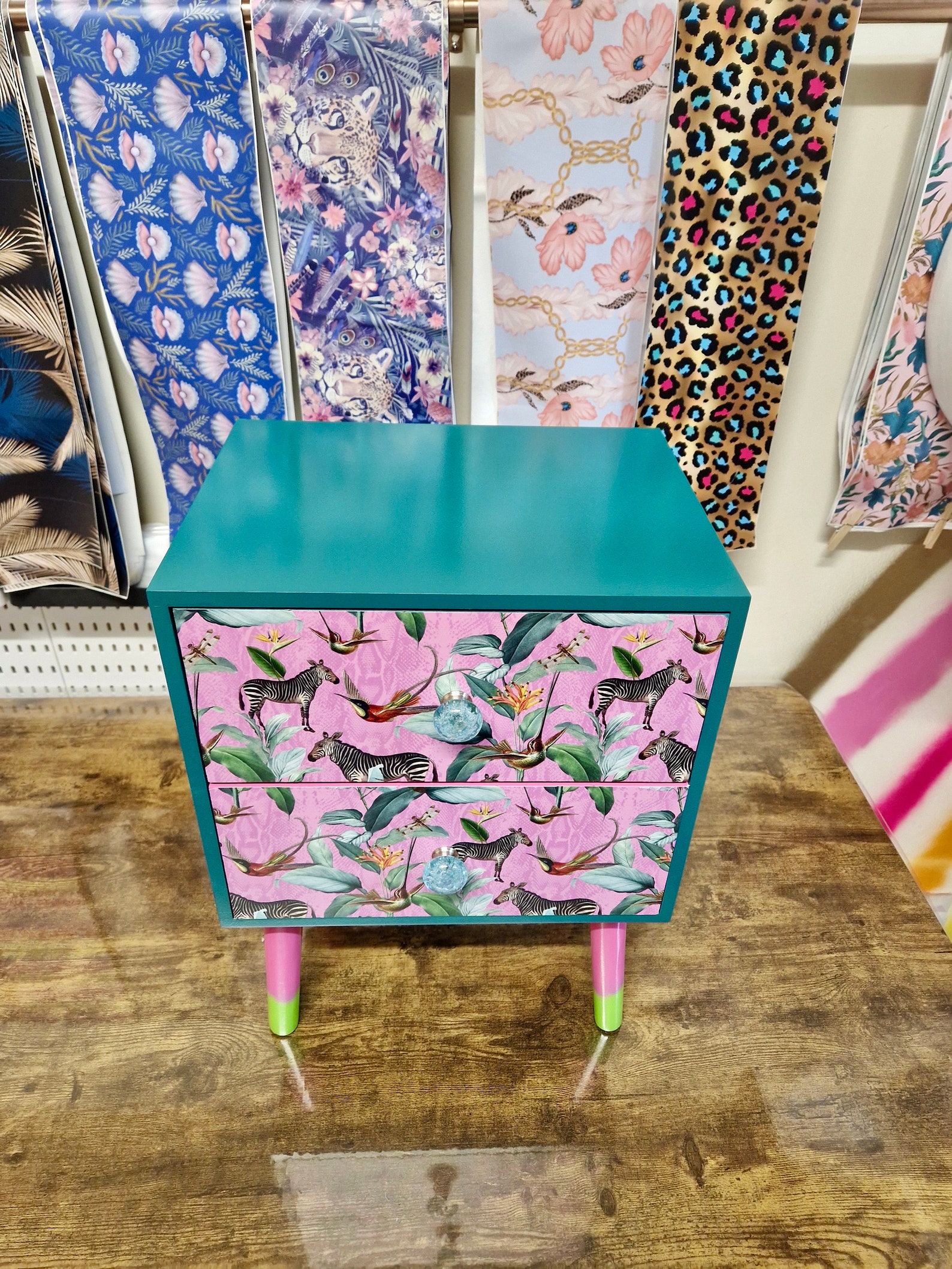 Pine Teal Green & Flamingo Pink Square Bedside Table, Two Drawers ...
