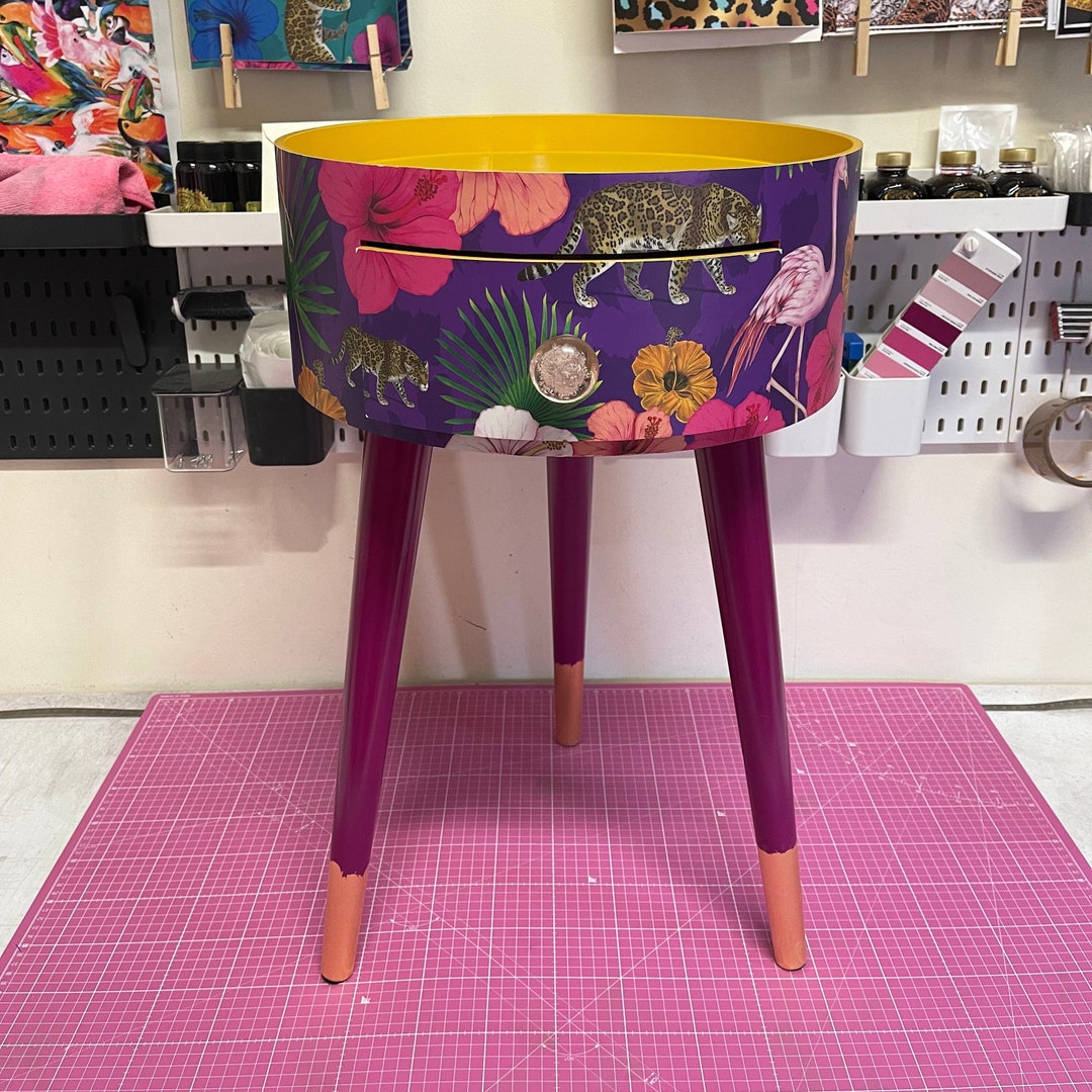 Purple Side Table. Round Wooden Table With Drawer in Purple Yellow and ...