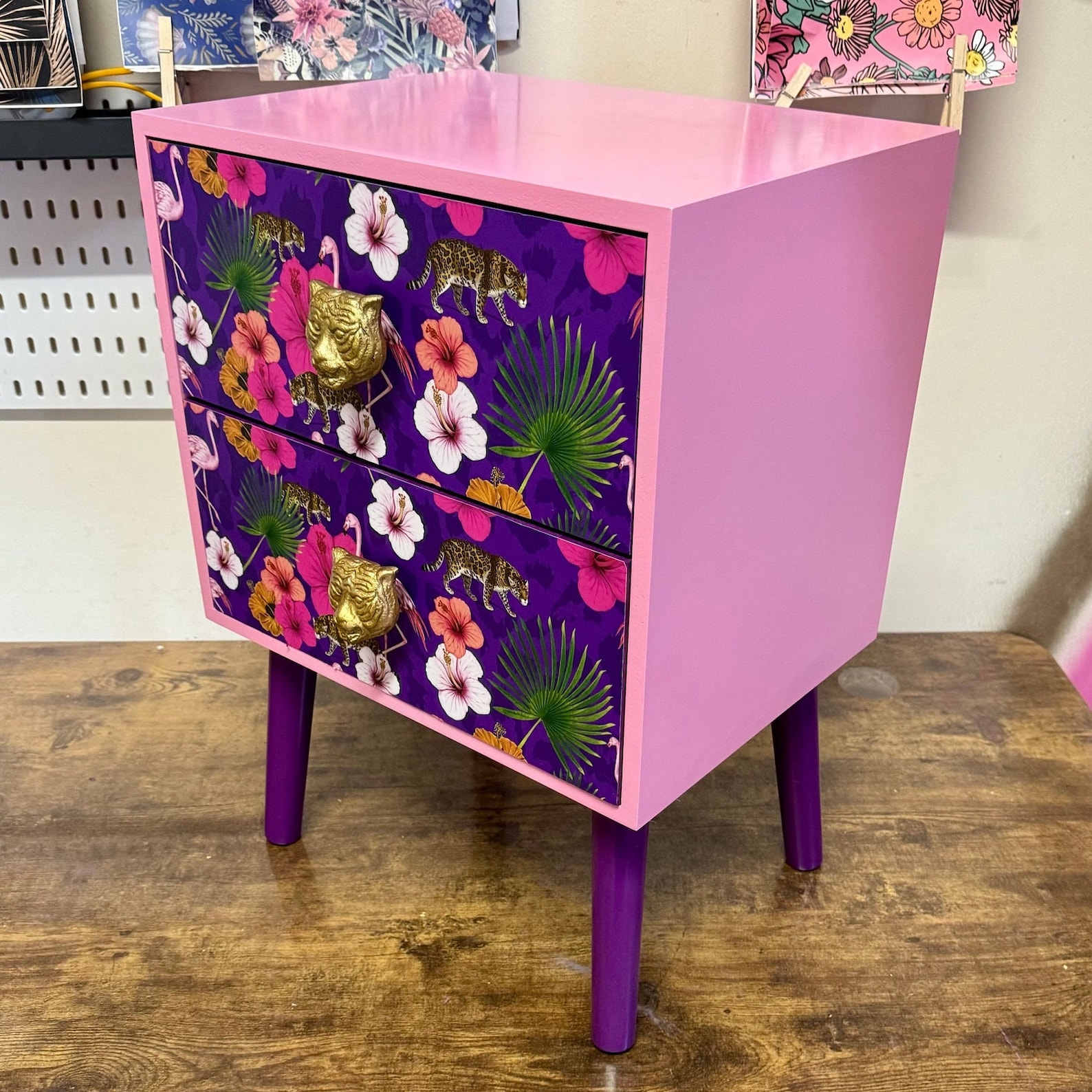 Light Pink and Purple Square Bedside Table, Two Drawers, Ideal ...