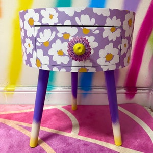 Lilac Daisy Circular Bed Side Table With Inbuilt Drawer and Flower ...