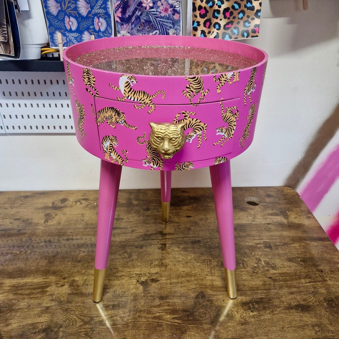 Hot Pink Tiger Round Bedside Table Gold Glitter Top . Fun Bright Home ...