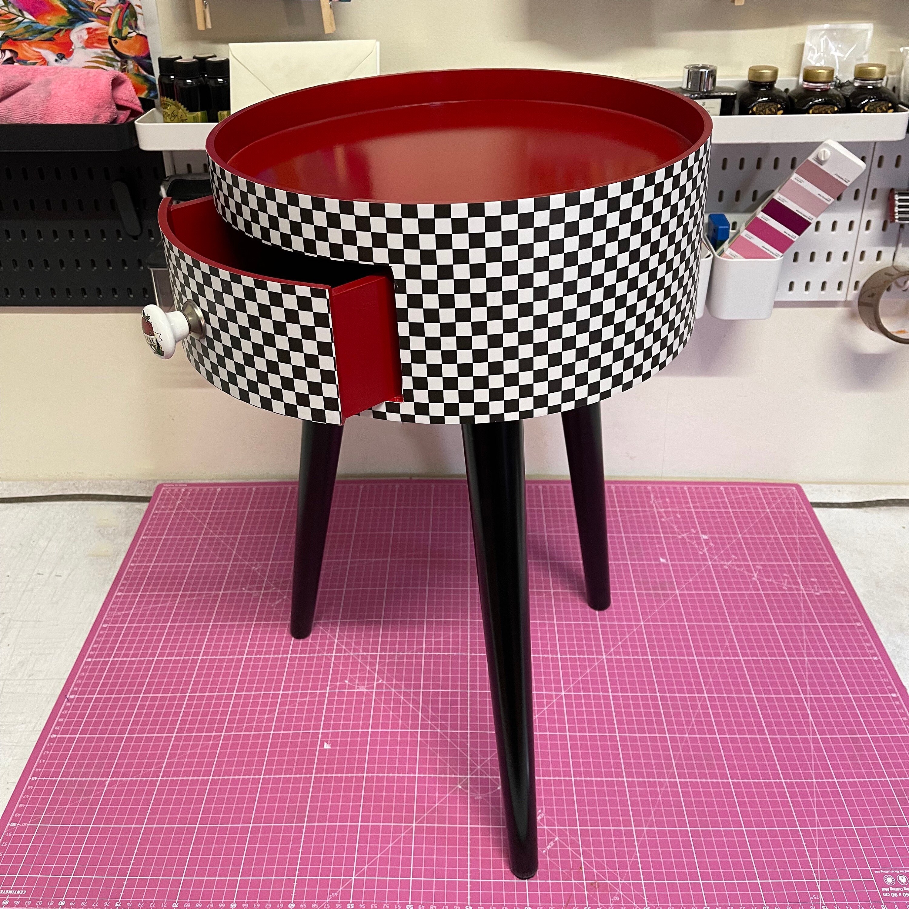 Chequerboard Side Table Round Wooden Table With Drawer in Red - Etsy