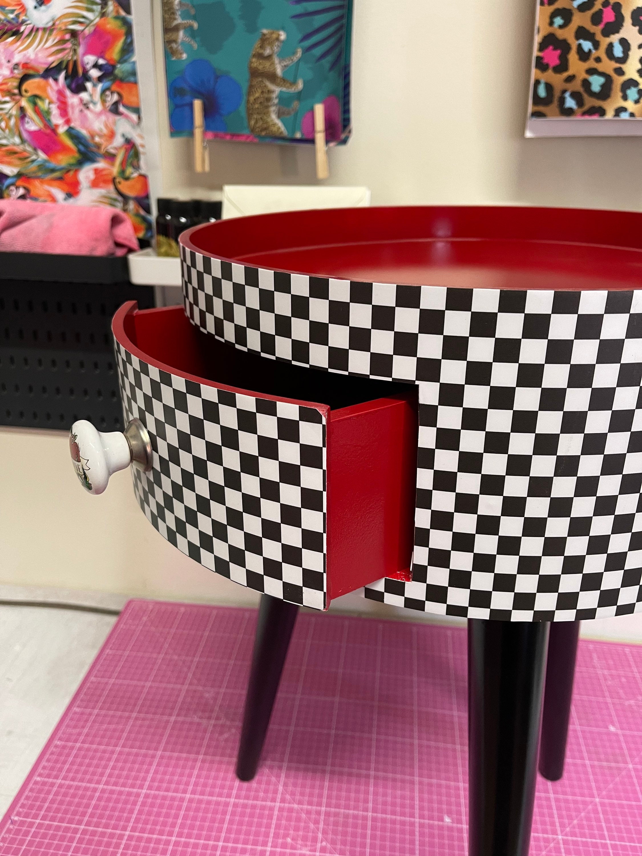 Chequerboard Side Table Round Wooden Table With Drawer in Red - Etsy