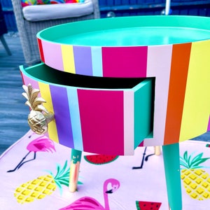 Pastel Rainbow Stripe Multicoloured Round Side Table . Circular Wooden ...