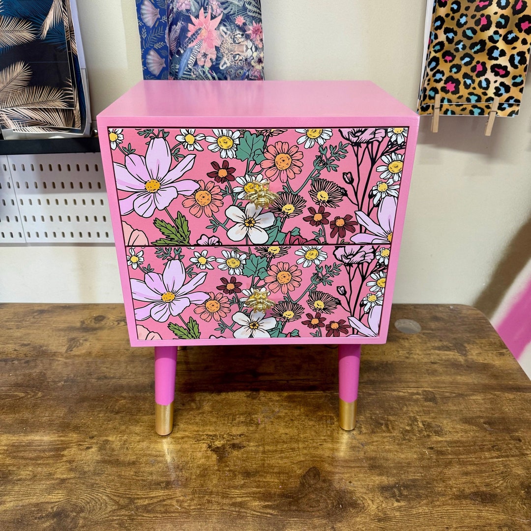 Pink Floral Square Bedside Table, Two Drawers, Ideal Nightstand ...