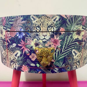 Round Coral Bedside Table, Green and Navy Leopard and Floral Design ...