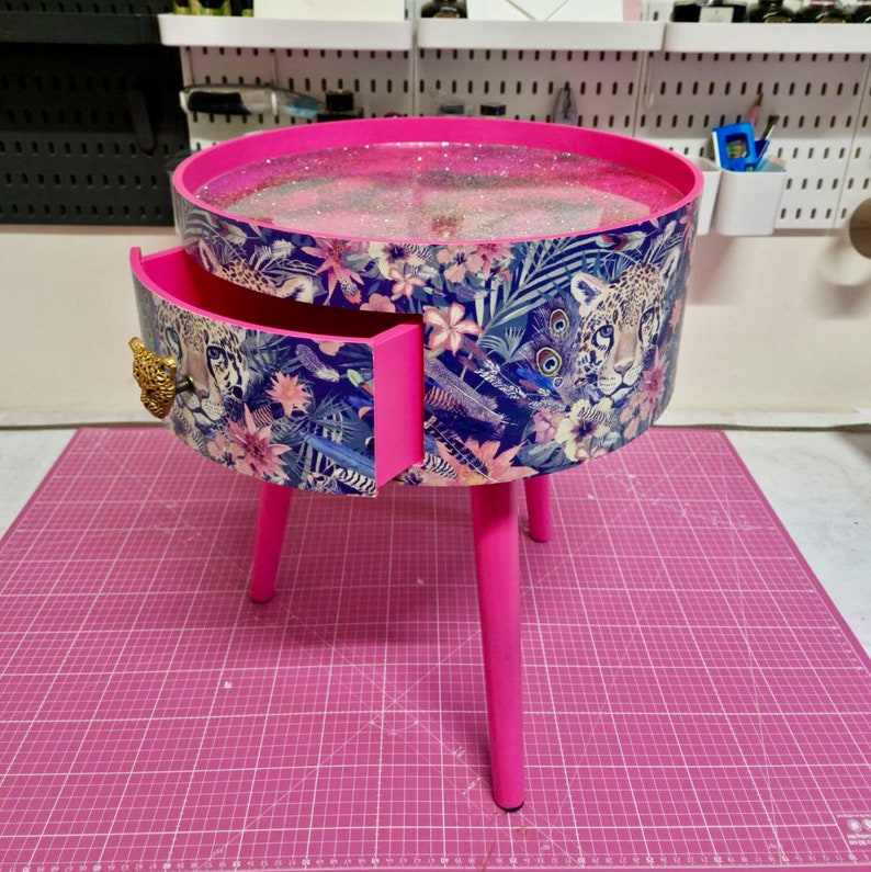 Hot Pink Leopard Side Table, Leopard and Floral Design. Glitter Top ...