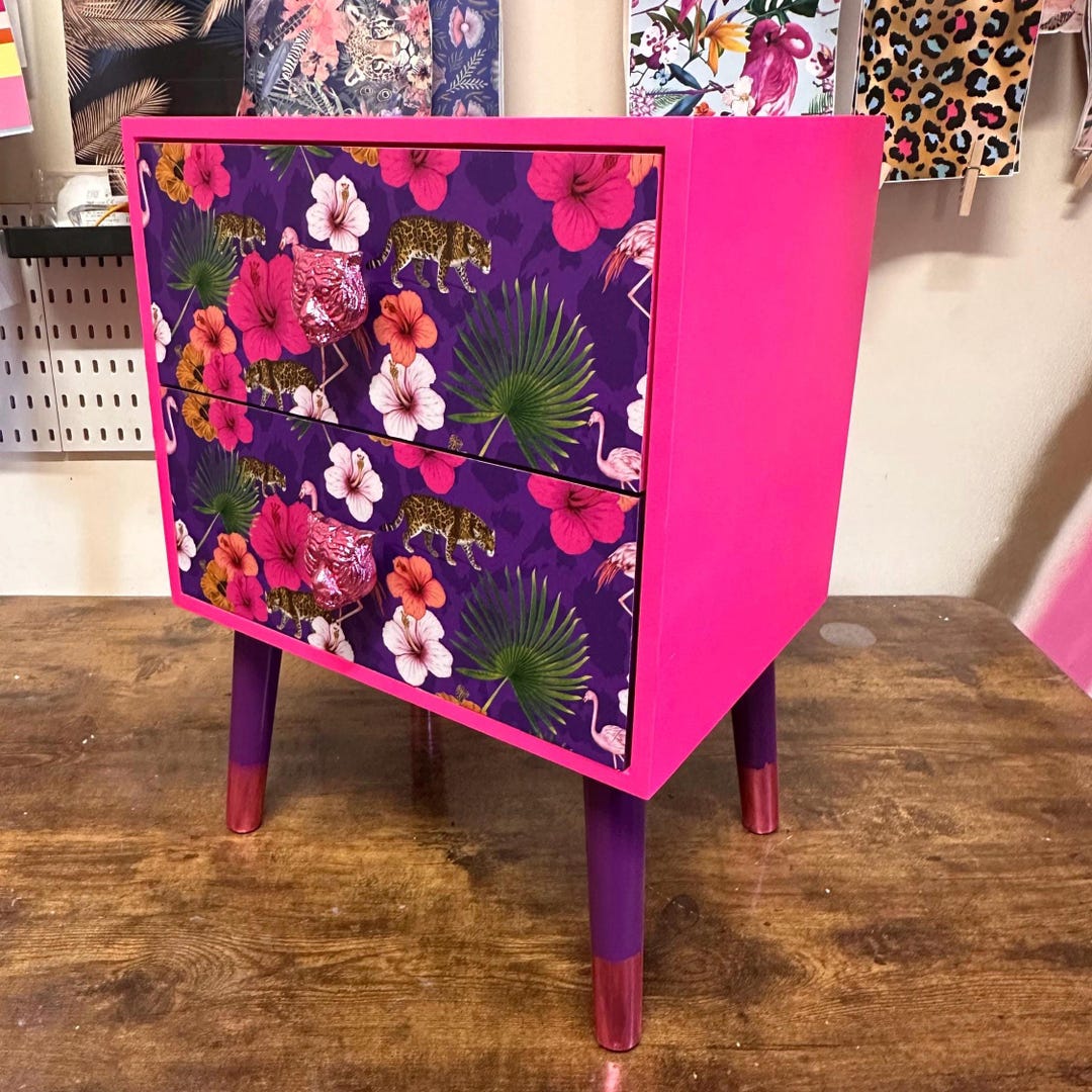 Hot Pink and Purple Square Bedside Table, Two Drawers, Ideal Nightstand ...