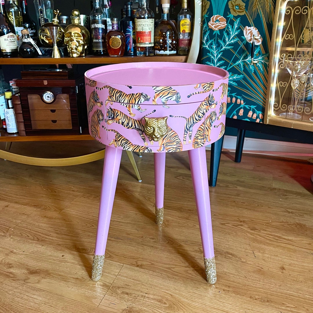 Light Baby Pink Tiger Round Bedside Table . Fun Bright Home Decor ...