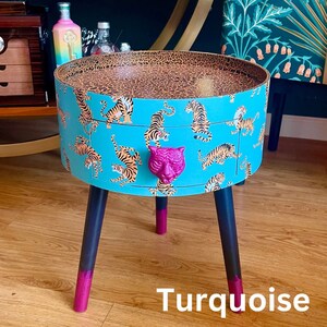 Round Tiger Side Table With Drawer. Tiger Print in 7 Colours, Pink ...