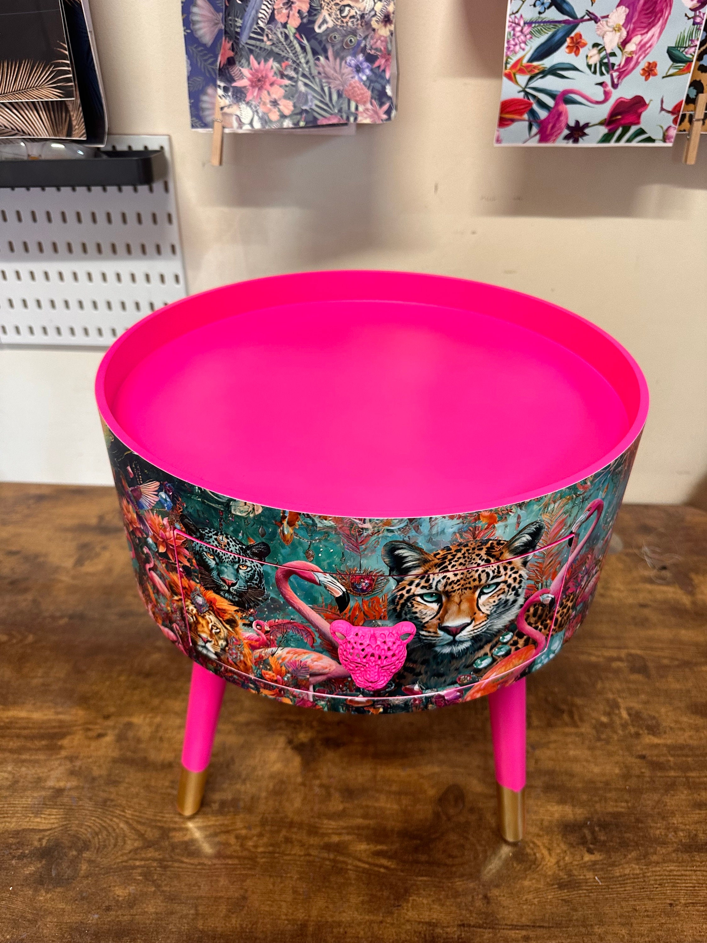 Hot Pink Flamingo and Leopard Beside Table, Teal Cheetah Jewel Design ...