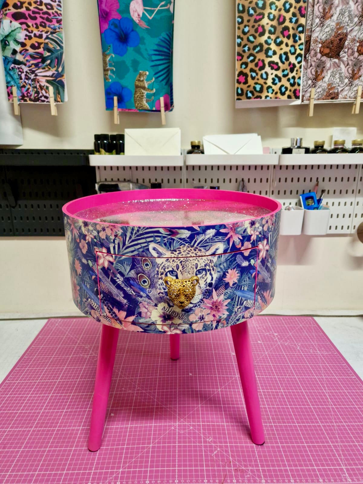 Hot Pink Leopard Side Table, Leopard and Floral Design. Glitter Top ...