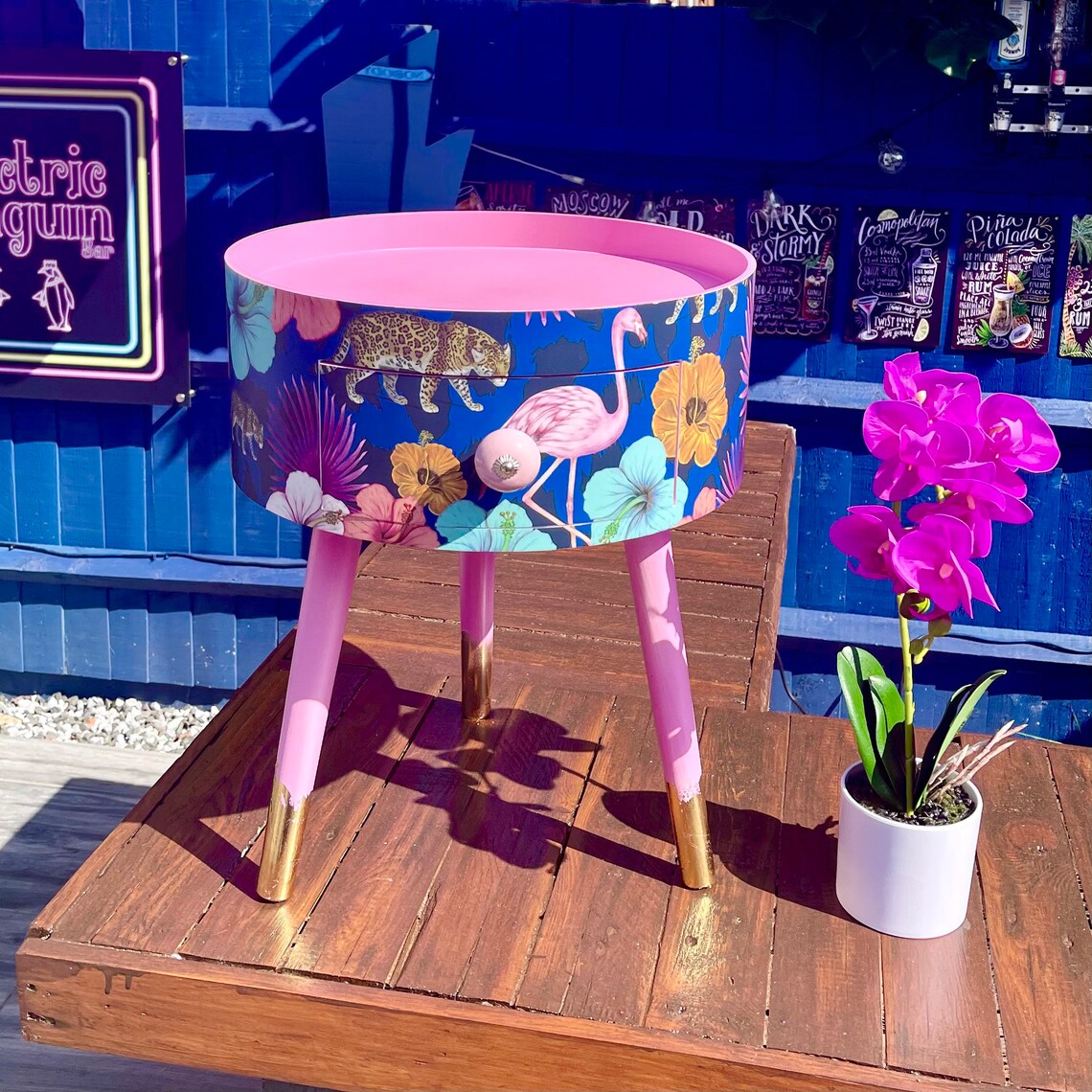 Pink and Blue Tropical Side Table Cabinet . Flamingo and - Etsy
