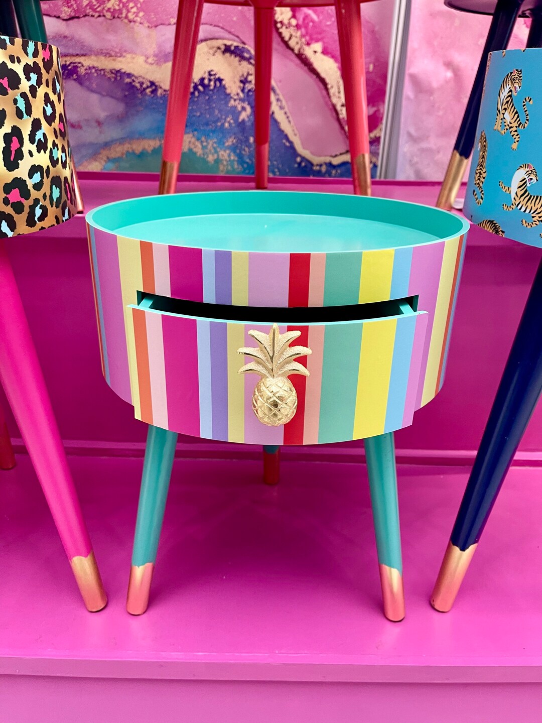 Pastel Rainbow Stripe Multicoloured Round Side Table . Circular Wooden ...