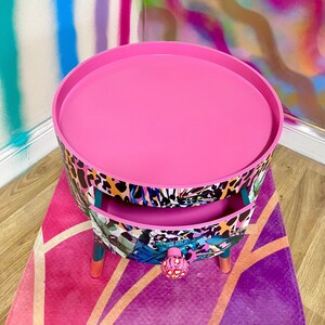 Tropical Wooden Side Table in Hot Pink, and Orange Leopard Print ...