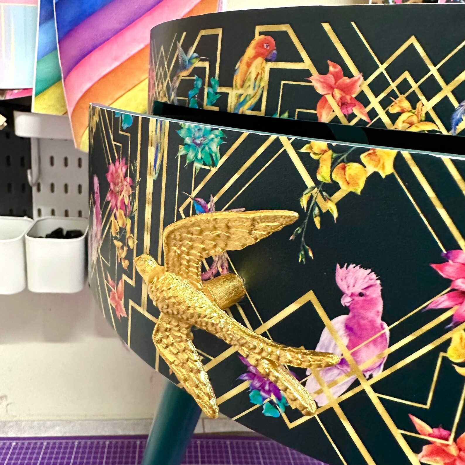 Art Deco Bed Side Table, Emerald Green, Gold and Pink Bird Design ...