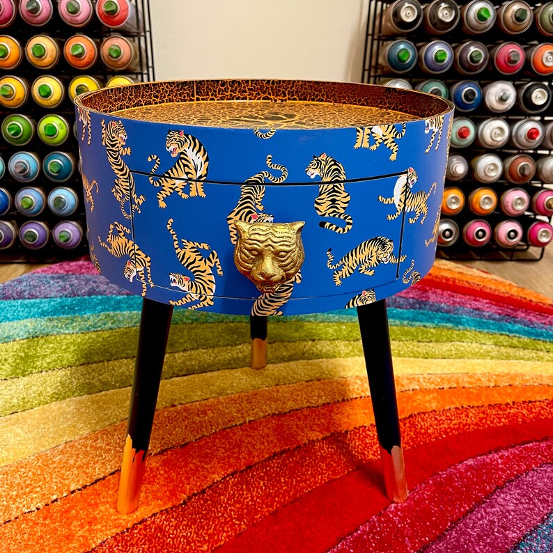 Round Wooden Side Table With Drawer. Tiger Print in 6 Colours, Pink ...