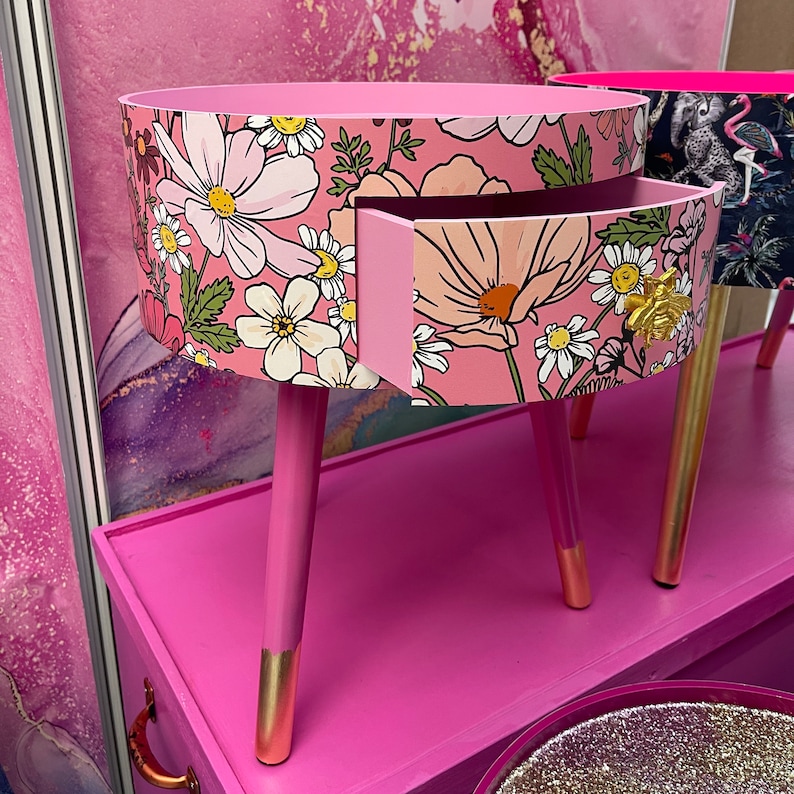 Pink Round Side Table With Floral Design. Fun Bright Decor, Quirky ...