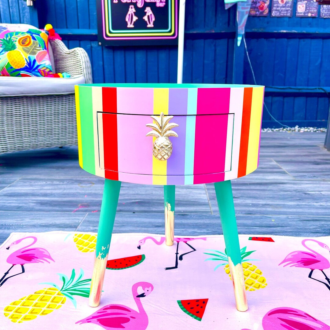 Pastel Rainbow Stripe Multicoloured Round Side Table . Circular Wooden ...