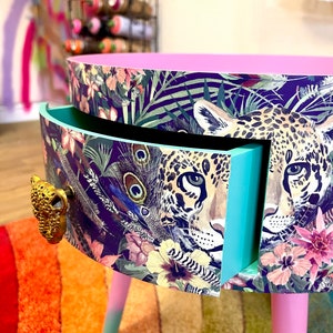 Pink Side Table, Mint Green Leopard and Floral Design. Wooden Side ...