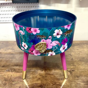 Pink and Teal Blue Tropical Side Table . Flamingo and Leopard Print ...