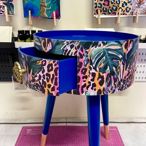 Cobalt Blue, Pink and Orange Side Table. Leopard Print Design With Leaf ...