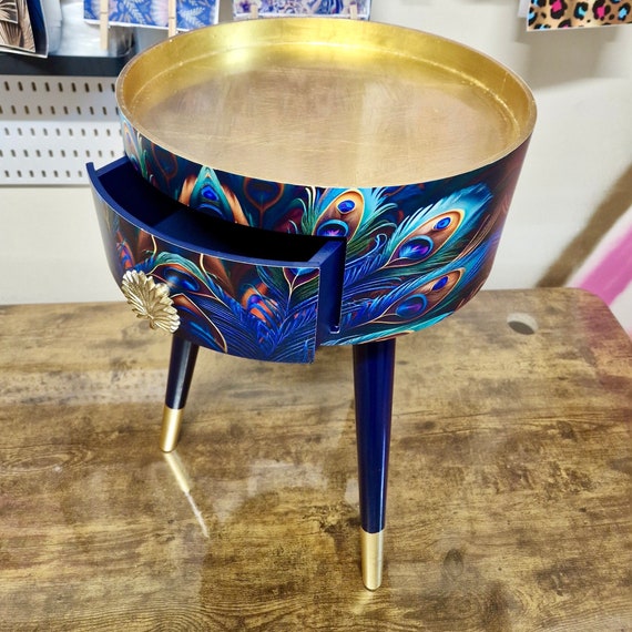 Peacock Side Table Blue Green and Teal Jewel Colours Opulent Nightstand Gold and Navy Bedside Table Round Small Table Etsy