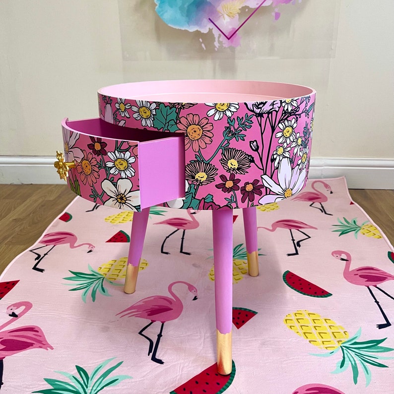 Pink Round Side Table With Floral Design. Inbuilt Drawer and Three Legs ...