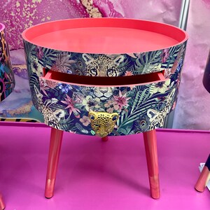 Round Coral Bedside Table, Green and Navy Leopard and Floral Design ...