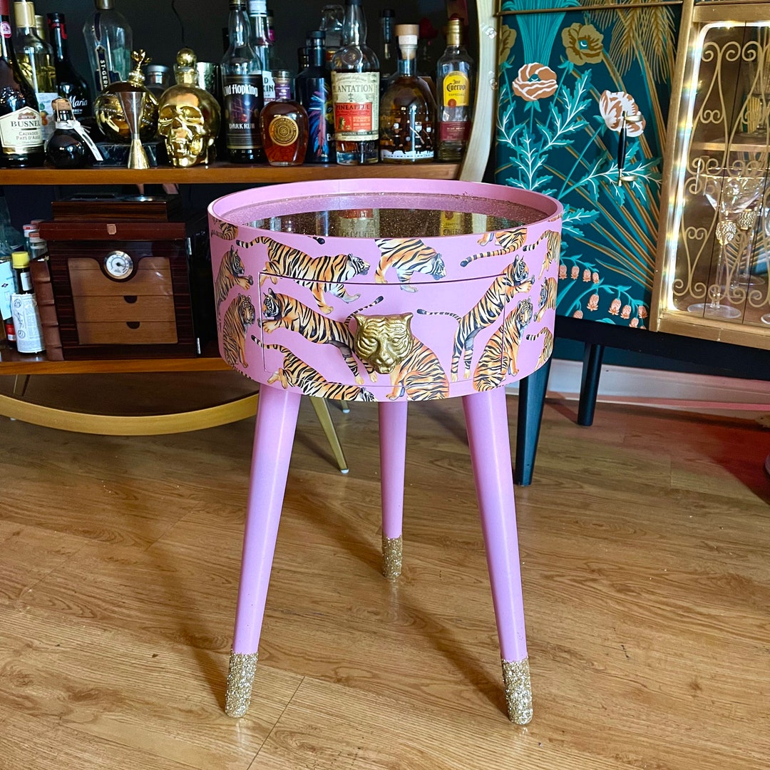 Light Pink Tiger Round Bedside Table With Glitter Top. Fun Bright Home ...