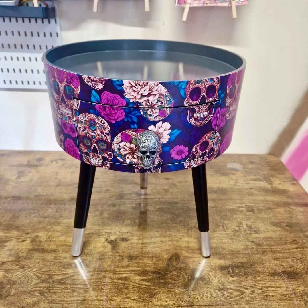 Skull Design Bedside Table. Purple and Black Skull and Roses, Gothic ...