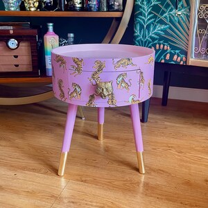 Round Wooden Side Table With Drawer. Tiger Print in 6 Colours, Pink ...