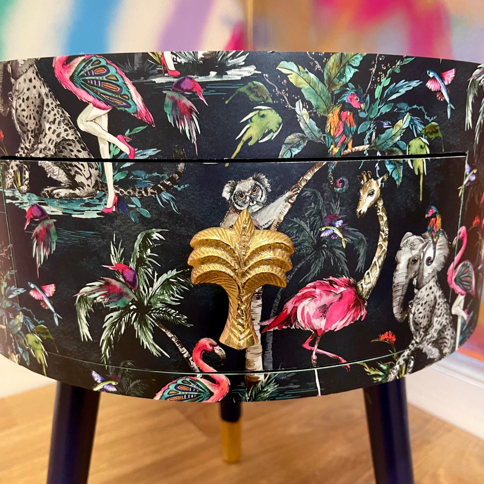 Tropical Bedside Table in Navy and Green Flamingo and Elephant Design ...